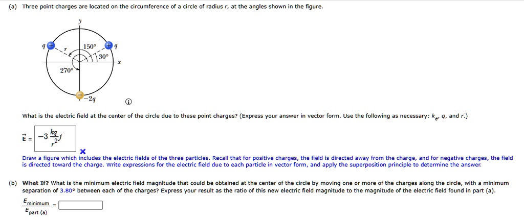 (a) Three point charges are located on the circumference of a circle of ...
