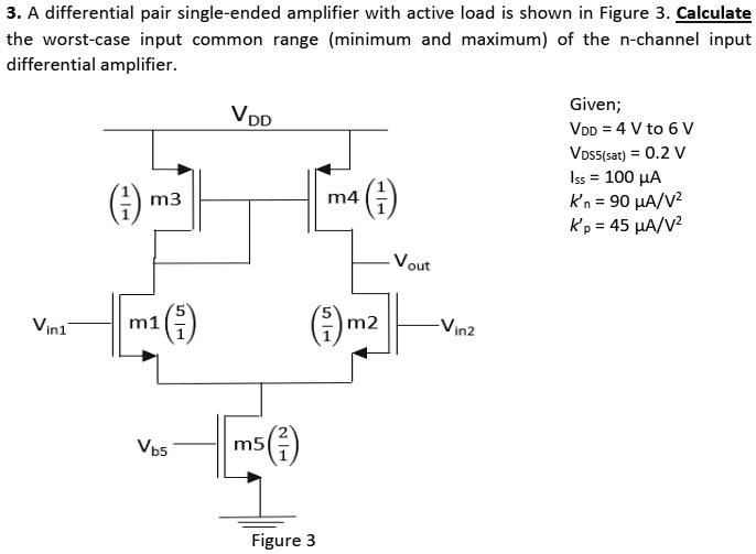 SOLVED: A differential pair single-ended amplifier with active load is shown in Figure 3 ...