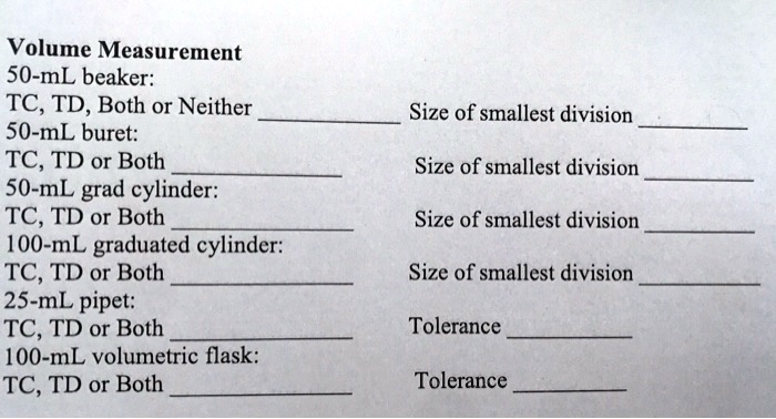 Volume Measurement 50-mL beaker: TC, TD, Both or Neither 50-mL buret ...