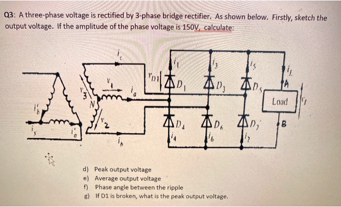Q3: A three-phase voltage is rectified by 3-phase bridge rectifier. As shown below. Firstly ...