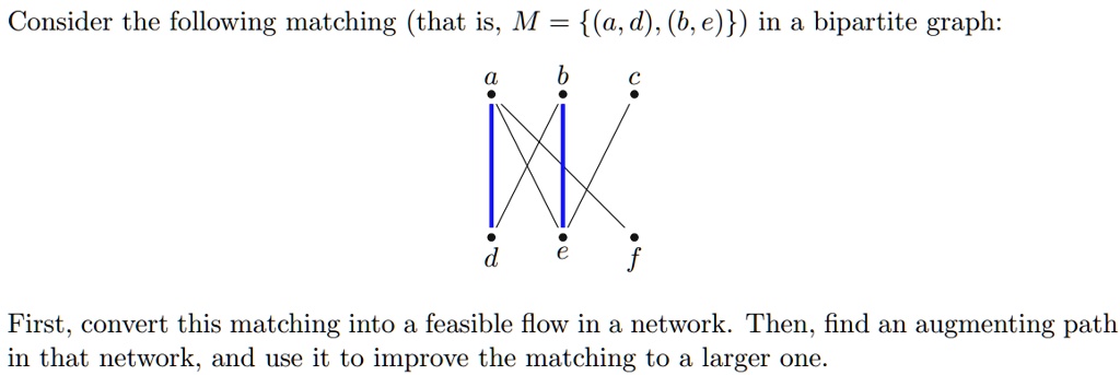 SOLVED: Consider the following matching (that is, M = (G,d), (b,e)) in a bipartite graph: First ...