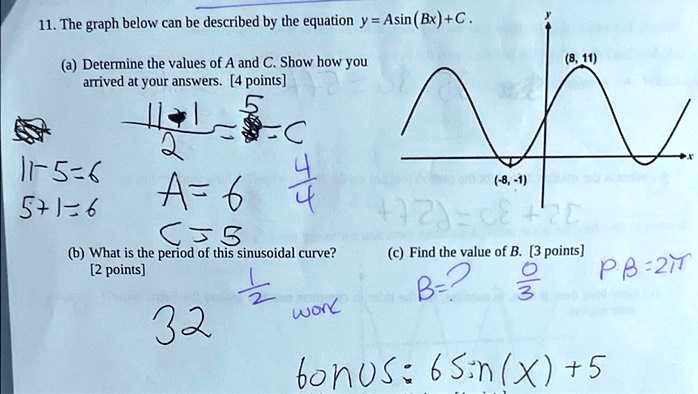SOLVED: The graph below can be described by the equation y = A sin(Bx + C). a) Determine the ...