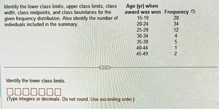 Identify the lower class limits, upper class limits, class width, class ...