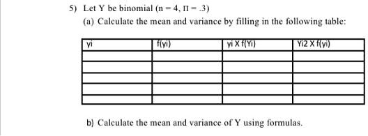 SOLVED: Let Y be binomial (n = 4, H = 31). Calculate the mean and variance by filling the ...