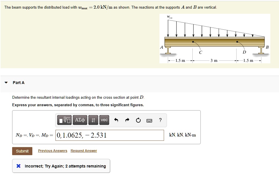 SOLVED: The beam supports the distributed load with wmax = 2.0 kN/m as ...