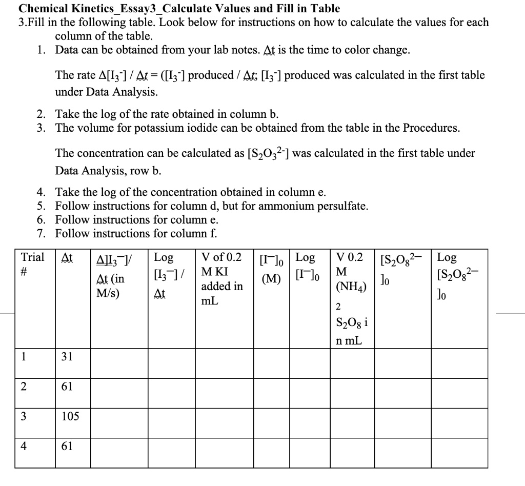 SOLVED: Chemical KineticsEssay3 Calculate Values and Fill in Table 3 ...