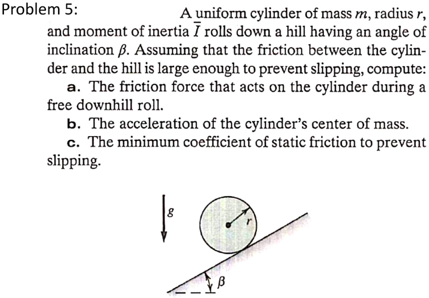Problem 5: A uniform cylinder of mass m, radius r, and moment of inertia I rolls down a hill ...