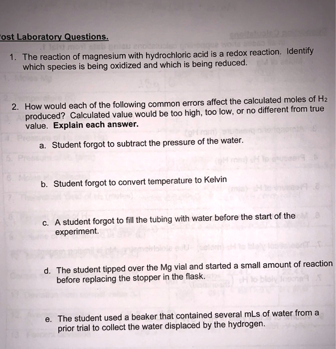 ost laboratory questions the reaction of magnesium with hydrochloric acid is a redox reaction ...