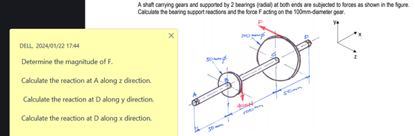 A shaft carrying gears and supported by 2 bearings (radial) at both ...