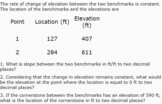 The rate of change of elevation between the two benchmarks is constant. The location of the ...