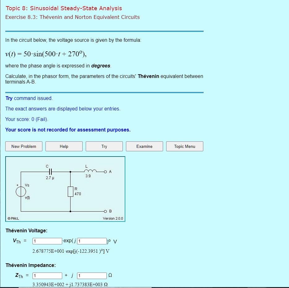 SOLVED: Topic 8:Sinusoidal Steady-State Analysis Exercise 8.3:Thevenin ...