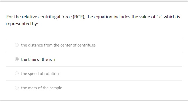 For the relative centrifugal force (RCF), the equation includes the ...