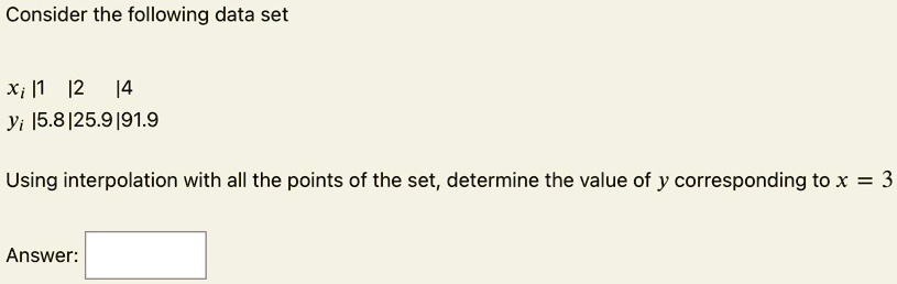 Solved Consider The Following Data Set Xi 1 12 14 Yi 1581259919 Using Interpolation With 9406