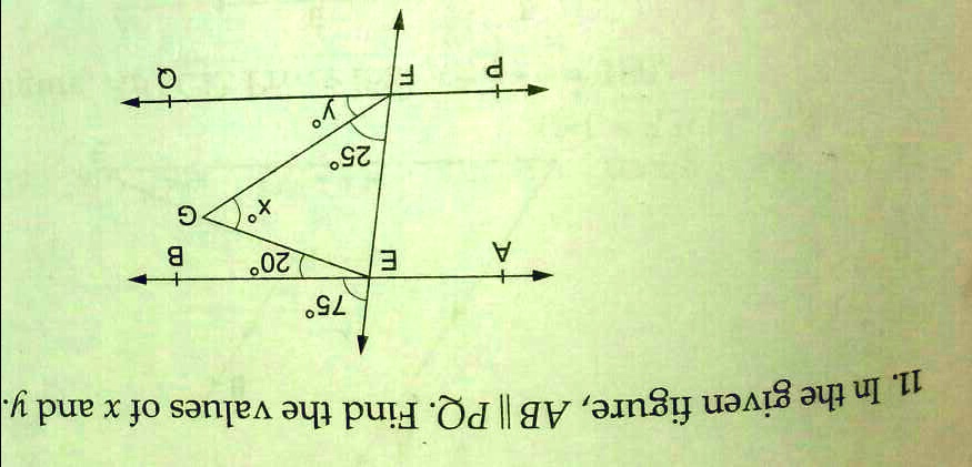 11. In the given figure, AB || PQ. Find the values of x and y.