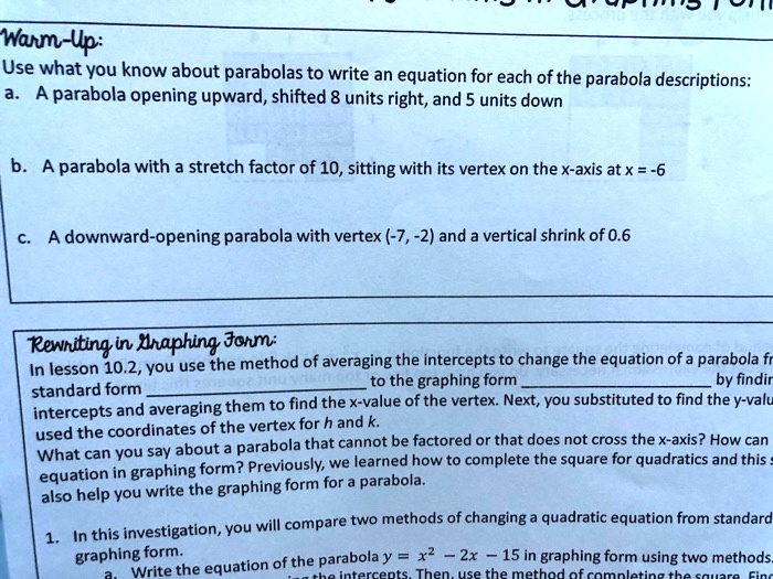 SOLVED: Warm-Up: Use what you know about parabolas to write an equation ...