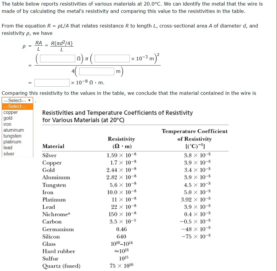 SOLVED: The table below reports resistivities of various materials at ...
