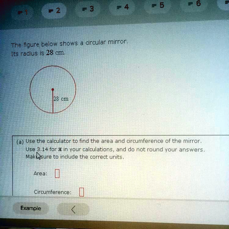 The figure below shows a circular mirror. Its radius is 28 cm. 28 cm (a) Use the calculator to ...