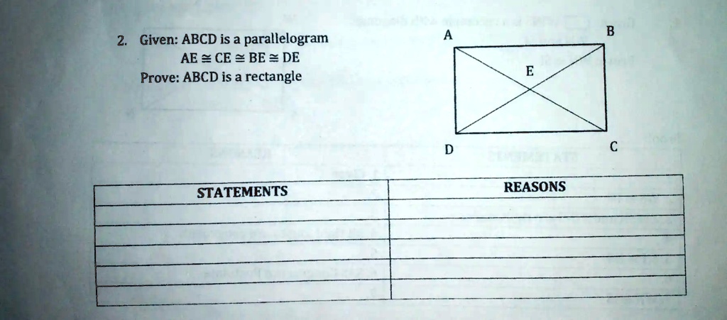 2. Given: ABCD is a parallelogram AE ≅CE ≅BE ≅DE Prove: ABCD is a rectangle STATEMENTS REASONS