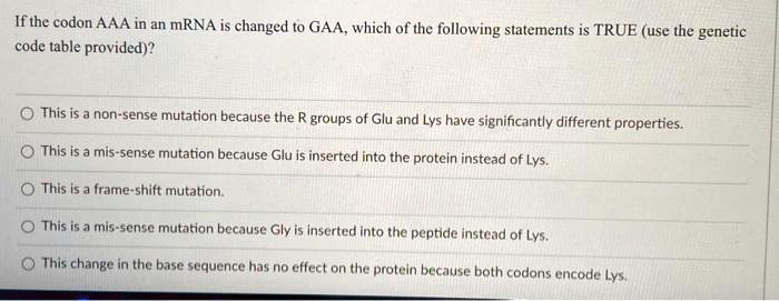 Ifthe codon AAA in an mRNA is changed to GAA, which of the following statements is TRUE (use the ...