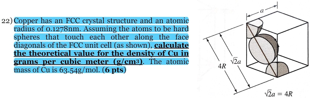 22copper has an fcc crystal structure and an atomic radius of o1278nmassuming the atoms to be ...