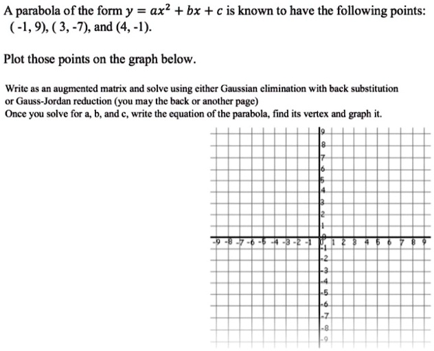A parabola of the form y = ax^2 + bx + c is known to have the following points: (-1, 9), (3, -7 ...