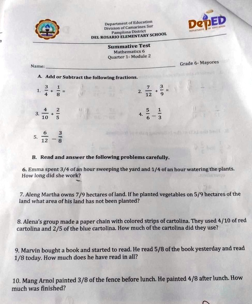 SOLVED: Department of Education Division of Camarines Sur Pamplona ...