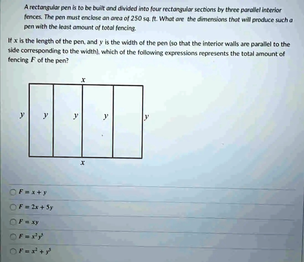 A rectangular pen is to be built and divided into four rectangular ...
