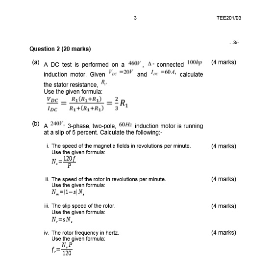 3 tee20103 3 question 2 20 marks 4 marks the stator resistance r use ...