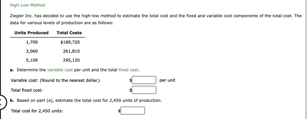 SOLVED: High-Low Method Ziegler Inc. has decided to use the high-low method to estimate the ...
