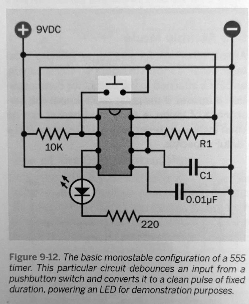 Figure 9-12. The basic monostable configuration of a 555 timer. This ...
