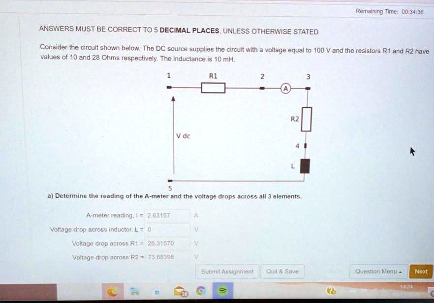 SOLVED: Remaining Time: 00:34:36 Consider the circuit shown below. The DC source supplies the ...