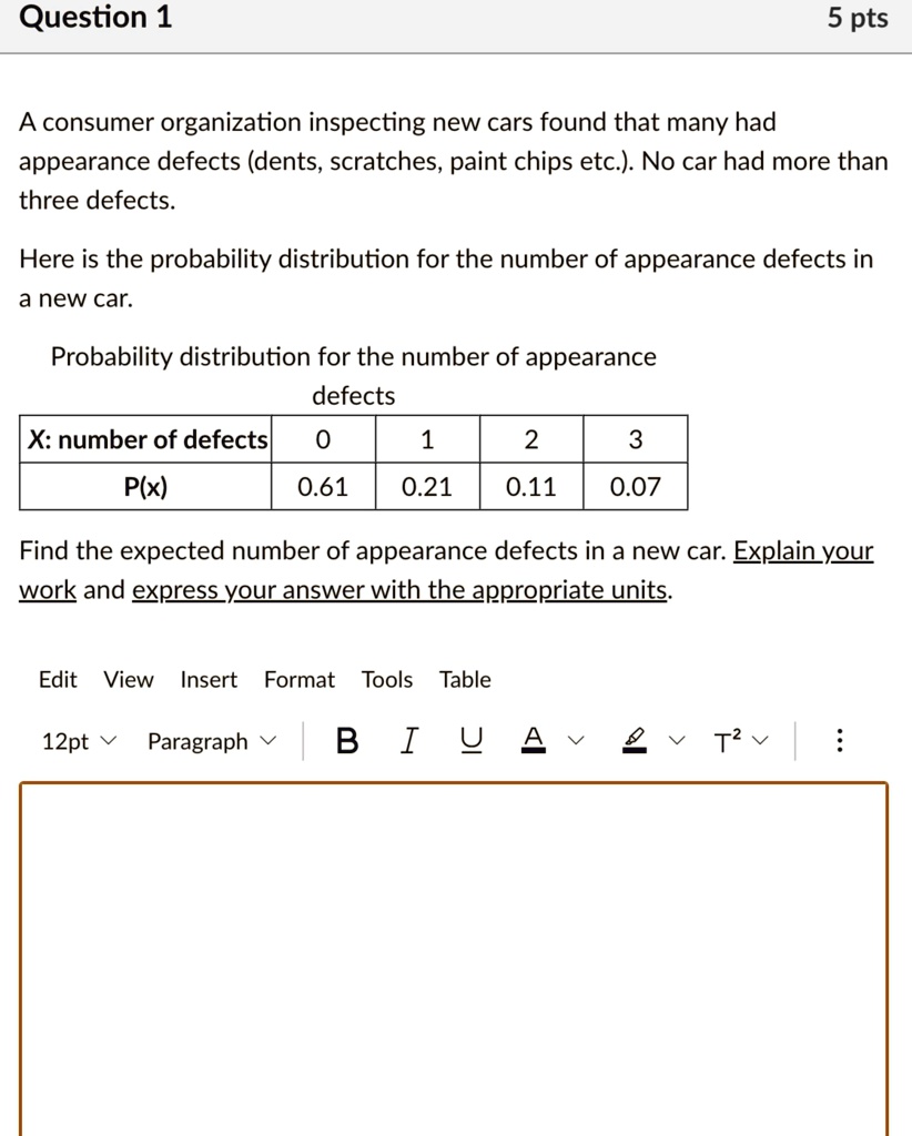 SOLVED: Question 1 A consumer organization inspecting new cars found that many had appearance ...