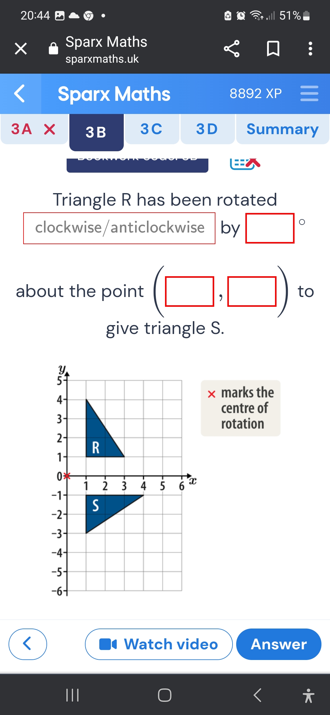 Triangle R has been rotated clockwise/anticlockwise by about the point ( , ) to give triangle S ...