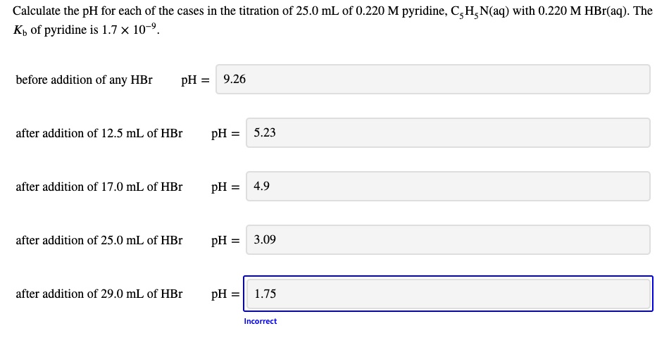 SOLVED: Calculate the pH for each of the cases in the titration of 25.0 mL of 0.220 M pyridine ...