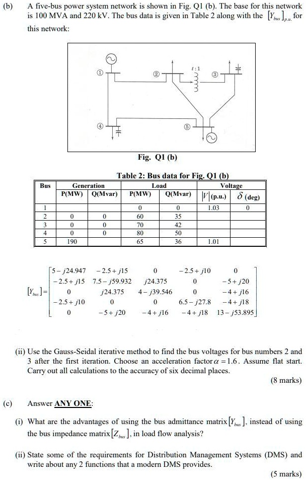 SOLVED: A five-bus power system network is shown in Fig.Q1 (b). The base for this network is 100 ...