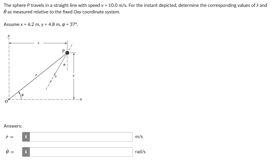 The sphere P travels in a straight line with speed v = 10.0 m/s. For ...