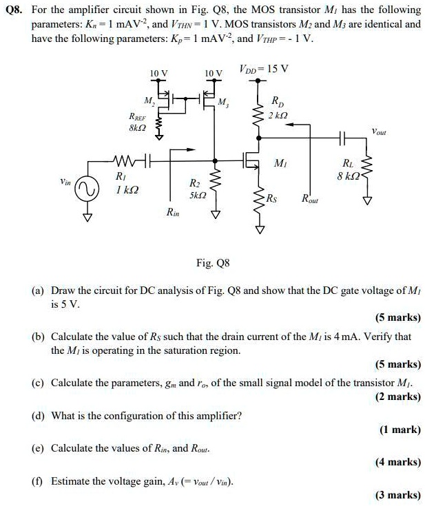 SOLVED: Q8 For the amplifier circuit shown in Fig: Q8, the MOS transistor Mi has the following ...