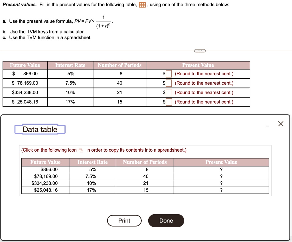 Present values. Fill in the present values for the following table,, using one of the three ...