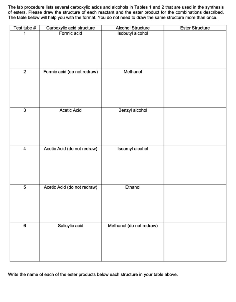 the lab procedure lists several carboxylic acids and alcohols in tables ...