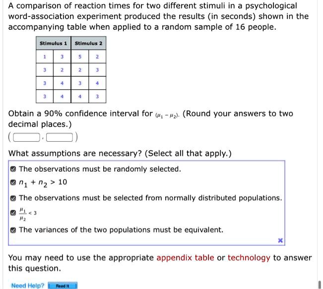 SOLVED: A comparison of reaction times for two different stimuli in a ...