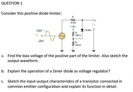 SOLVED: QUESTION1 Consider this positive diode limiter; R, U101 -15V a. Find the bias voltage of ...