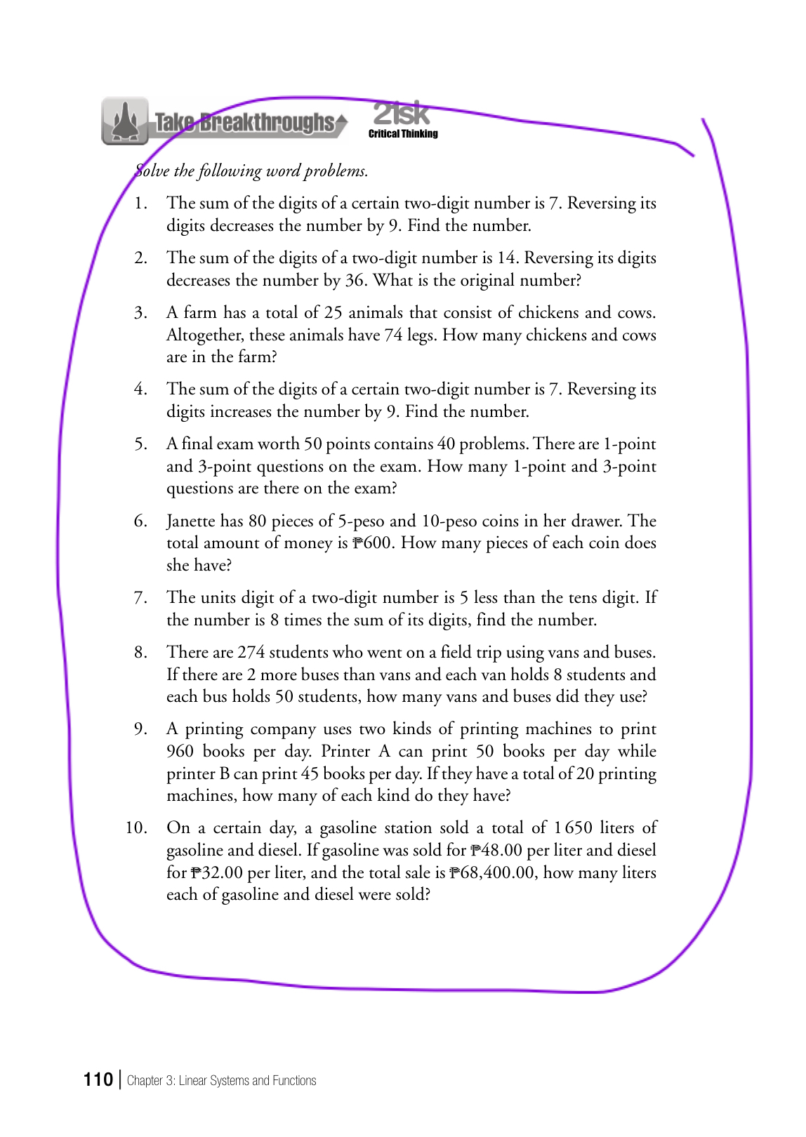 Take breakthroughs Critical Thinking Solve the following word problems ...