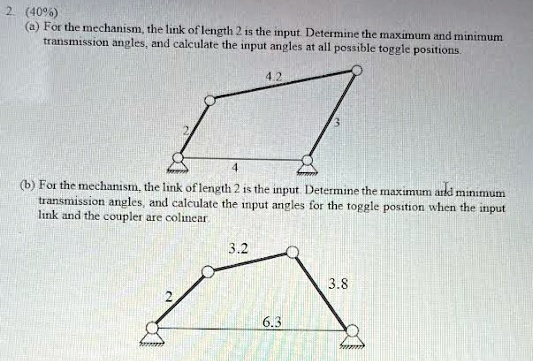 SOLVED: 40% a For the mechanism,the link of length 2 is the input Determine the maximum and ...