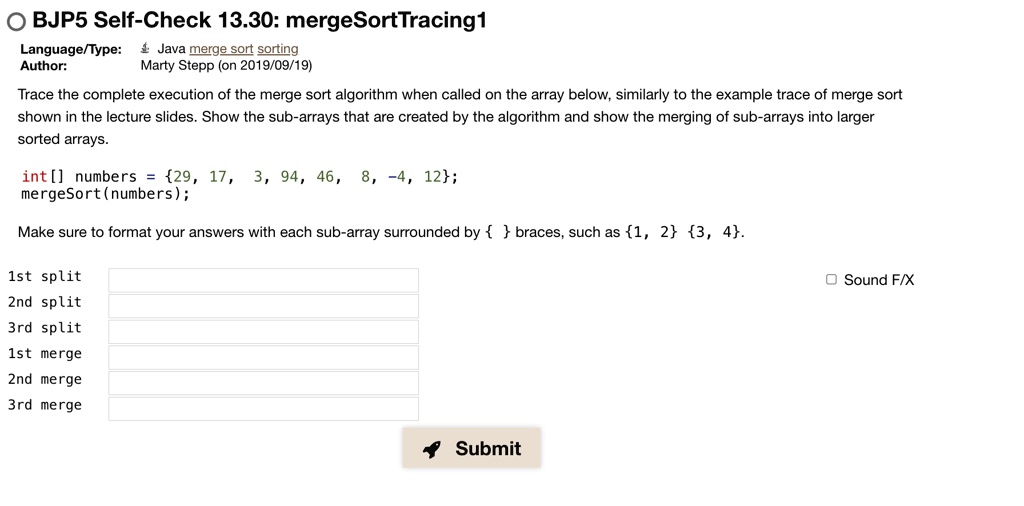 Bjp5 Self Check 1330 Mergesorttracing1 Languagetype Java Merge Sort Sorting Author Marty 