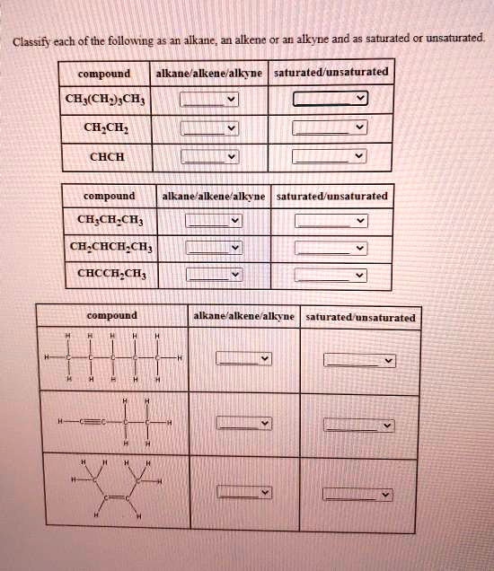 SOLVED: Clzssif rach of the followug s zn akkanc, alkena or Jn akkyne ...