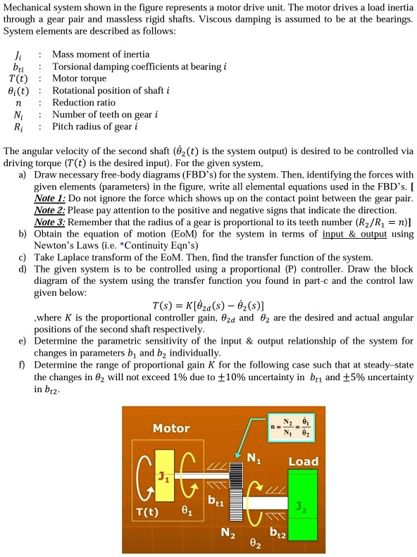 SOLVED: Mechanical system shown in the figure represents a motor drive unit. The motor drives a ...