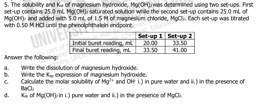 5. The solubility and Ksp of magnesium hydroxide, Mg(OH)2 was determined using two set-ups ...