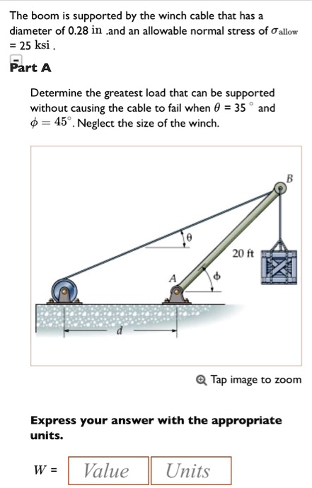 Solved The Boom Is Supported By The Winch Cable That Has A Diameter Of 0 28 In And An Allowable