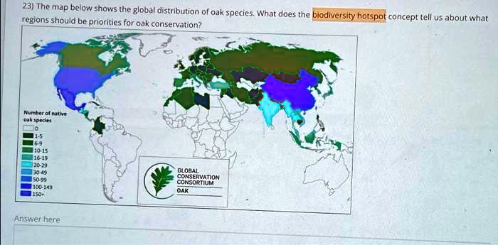 SOLVED: The map below shows the global distribution of oak species ...
