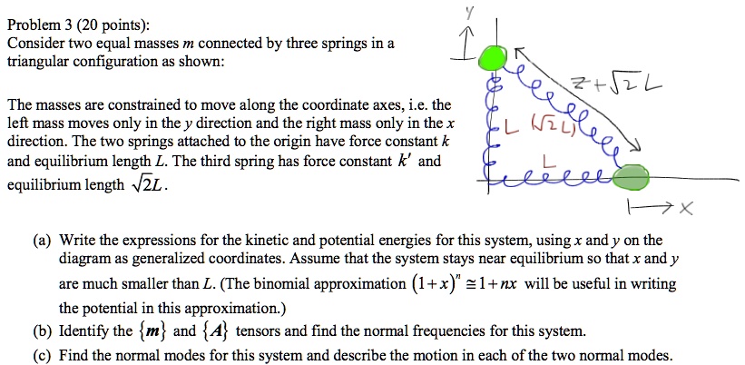 SOLVED: Problem 3 (20 points): Consider two equal masses m connected by ...